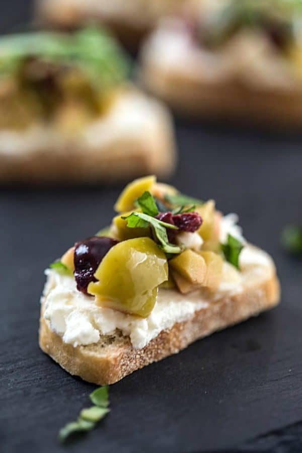 Mixed Olive and Whipped Feta Crostini - Gal on a Mission